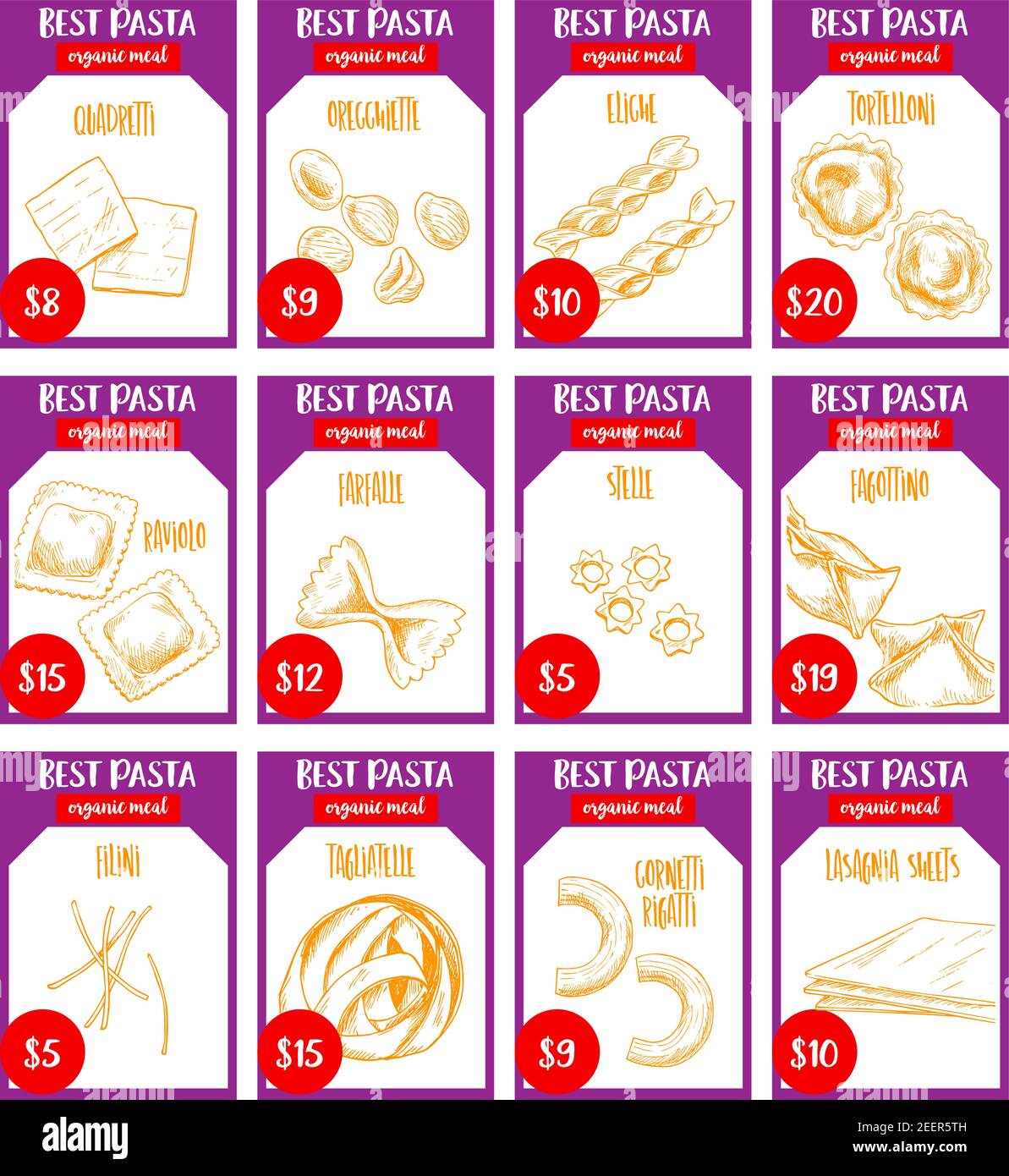 Italian pasta price card sketch design. Quadretti, oregghiette or ...