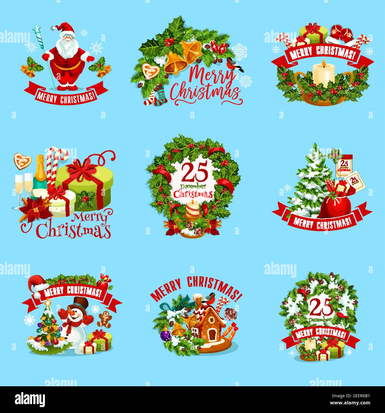 Christmas holiday icon set. Christmas tree and holly wreath, gift box ...