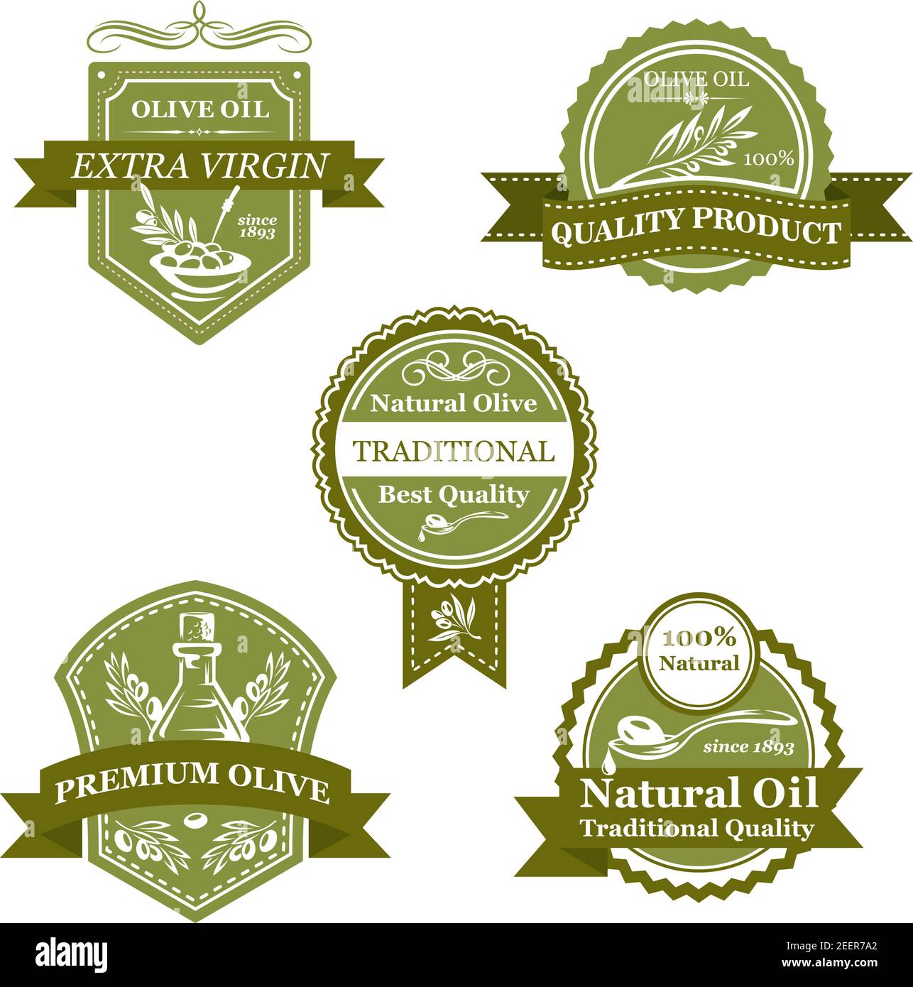 Olive product badge, oil bottle and canned olive fruit label set. Green ...