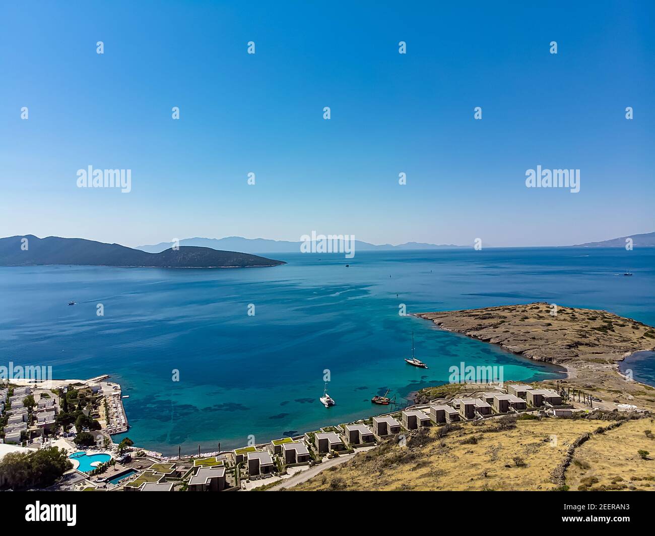 Drone view to the Aegean sea in famous tourist city Bodrum in Turkey ...