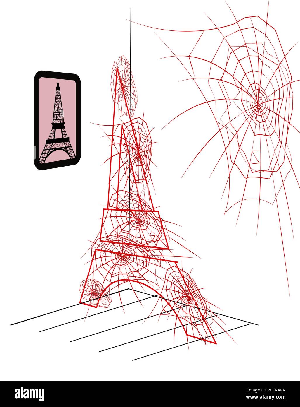 illustration of the Eiffel tower made from spider webs isolate din a ...