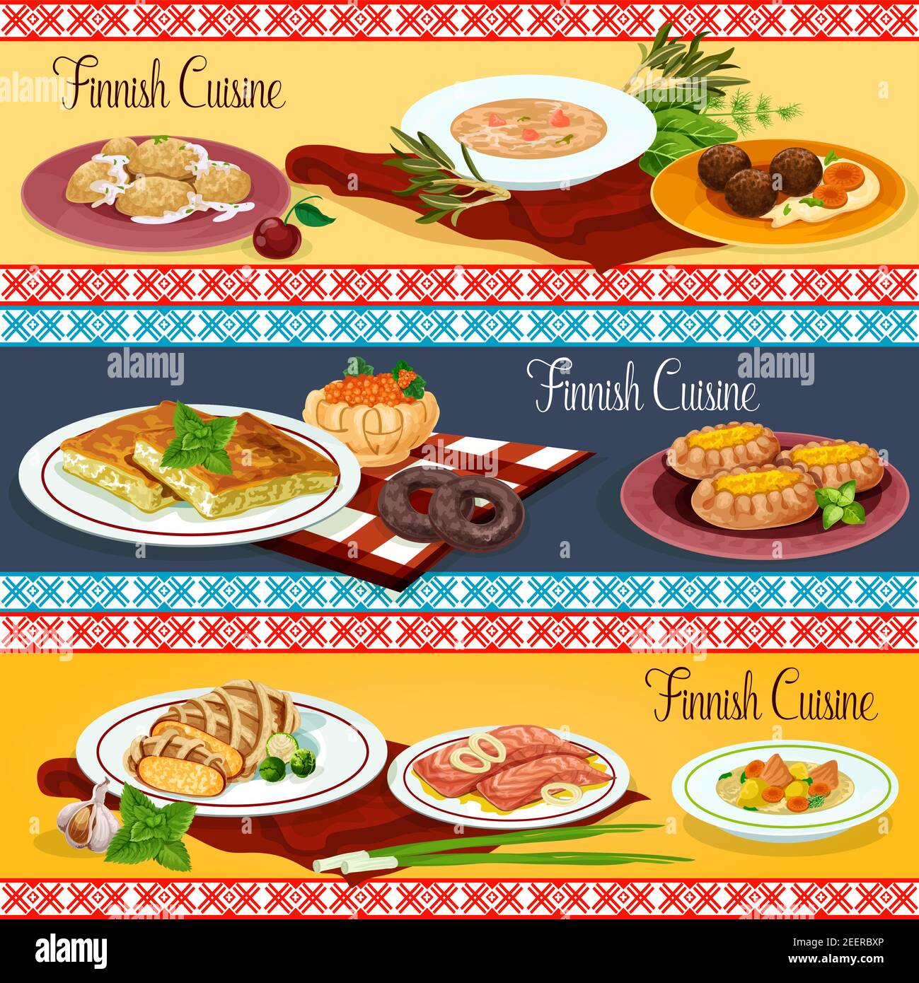 Finnish cuisine restaurant menu banner set. Scandinavian fish vegetable ...