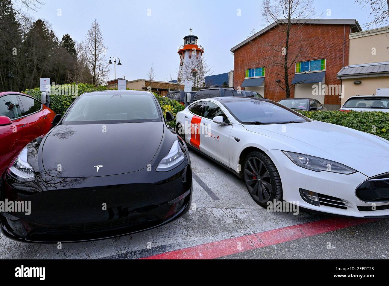 Tesla charging station, Park Royal shopping Centre, West Vancouver ...