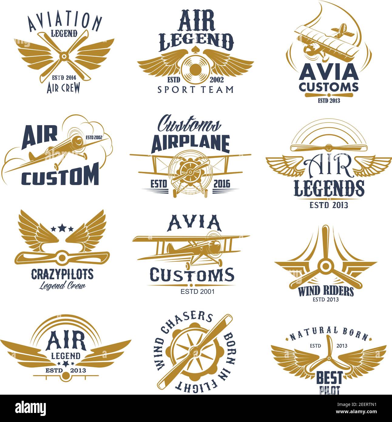 Aviation retro icons set of aircraft propeller and wings for avia ...