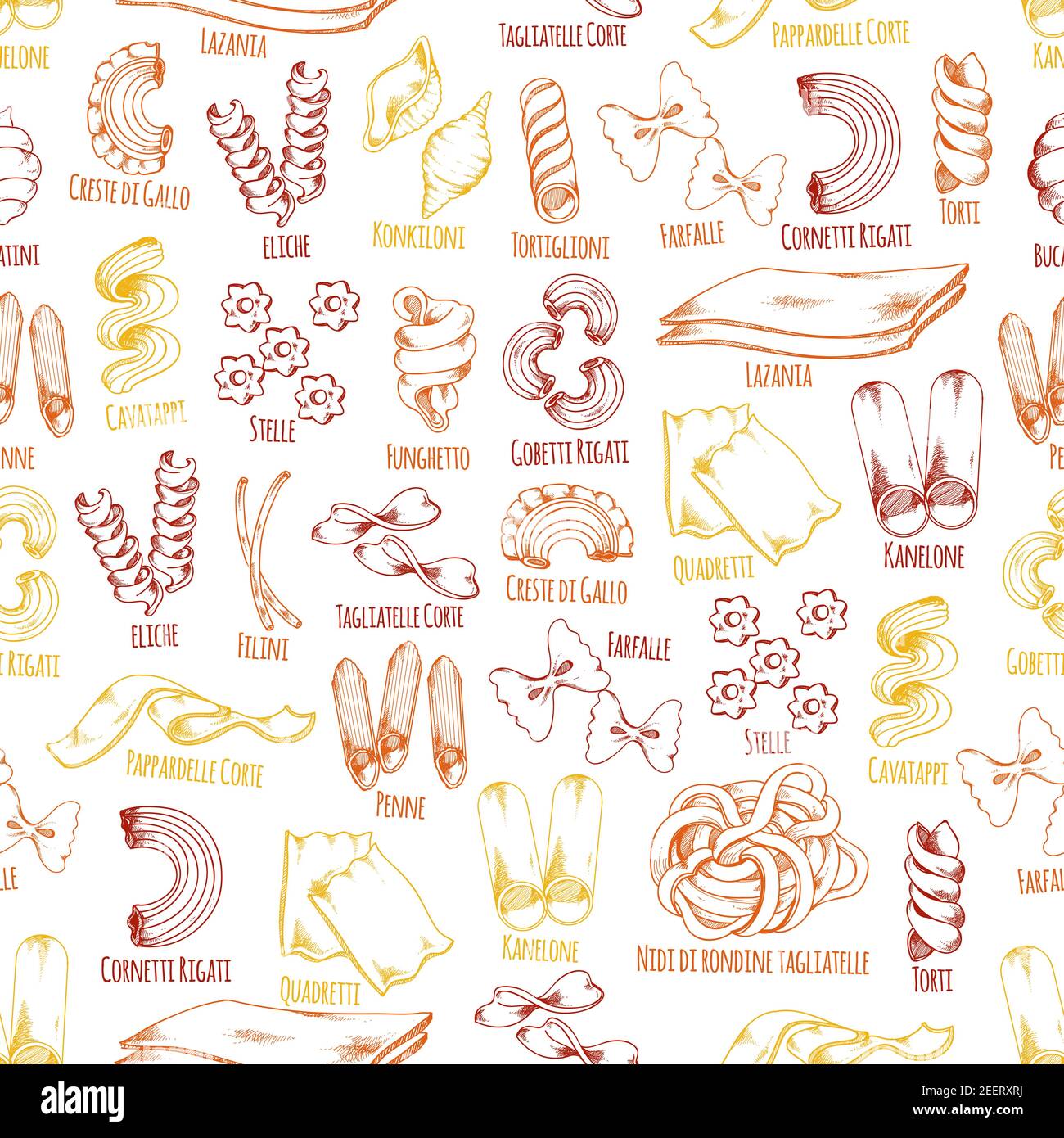 Pasta seamless pattern sketch design of Italian pasta sorts and names ...