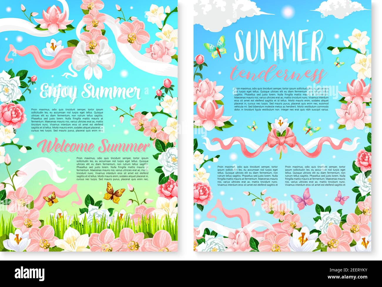 Welcome Summer poster template. Summer flower of white rose, pink peony ...