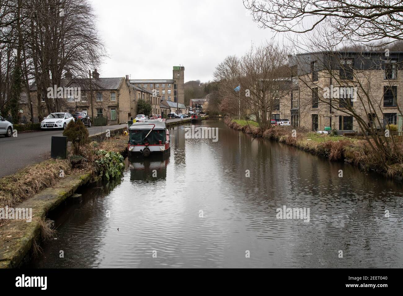 Looking West towards Uppermills in Slaithwaite Village where a narrow ...