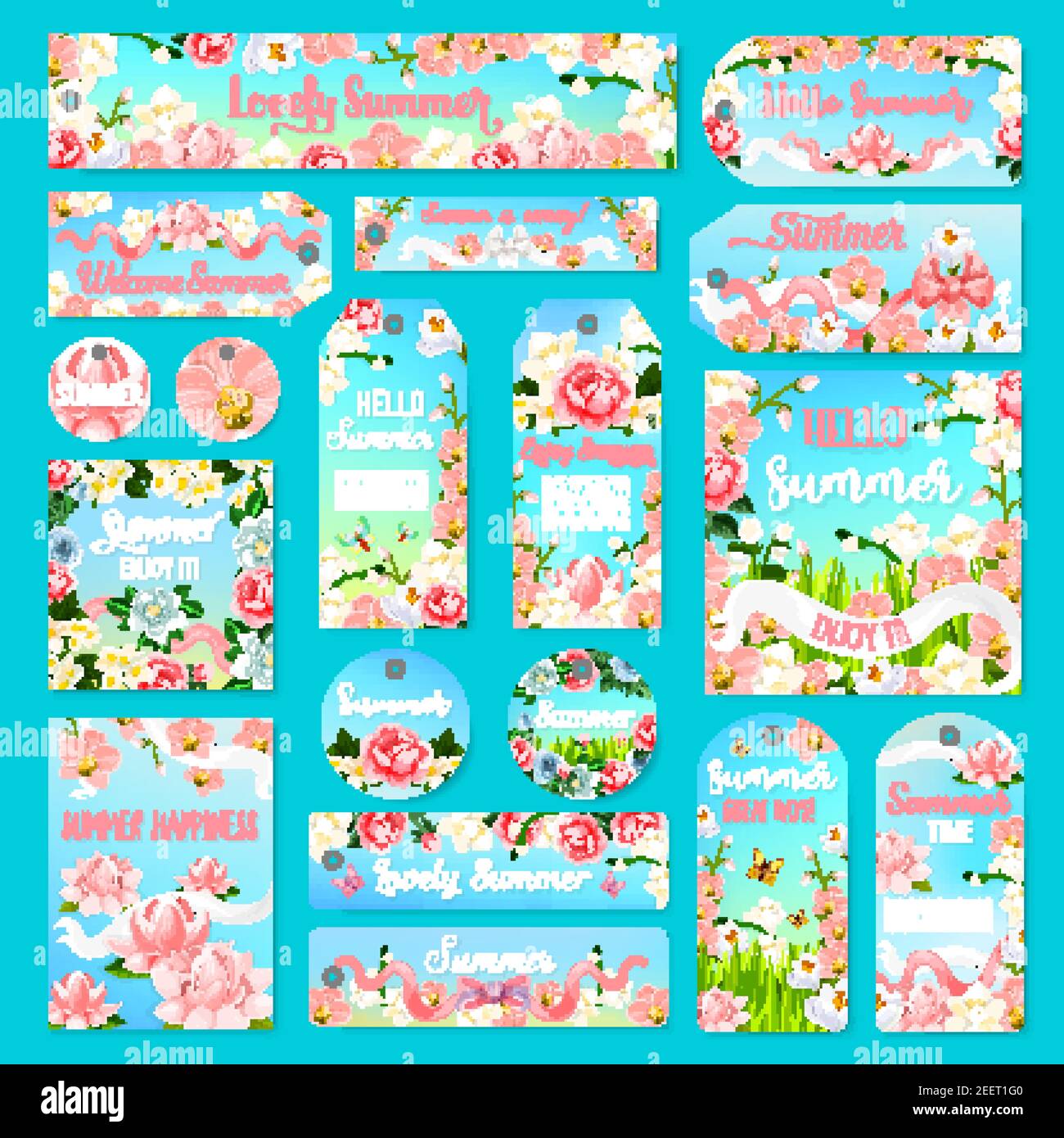 Flower gift tag and label set. Summer flowers of rose, peony, orchid ...