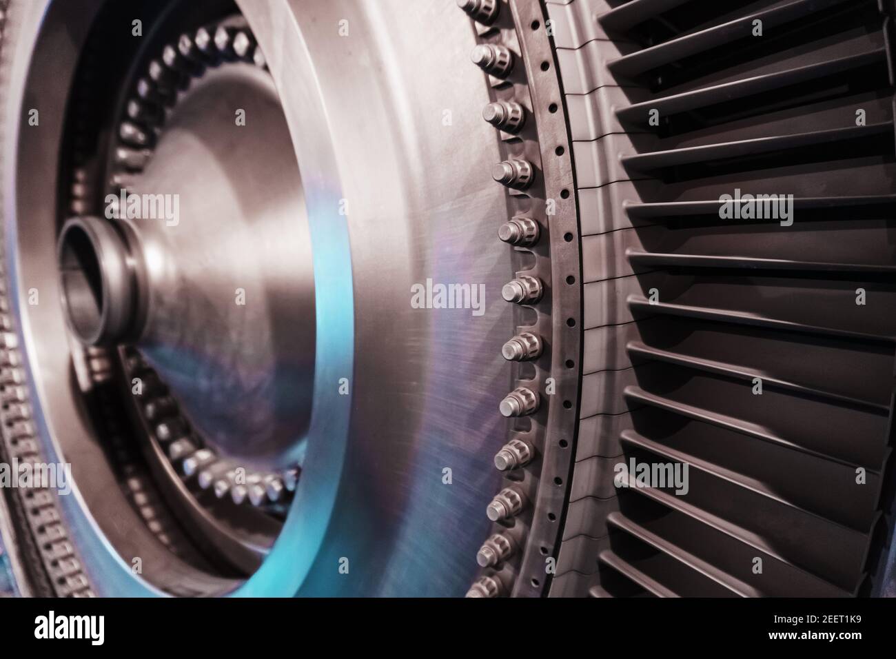 A rotor disc with blades of a turbojet gas turbine engine, inside view ...