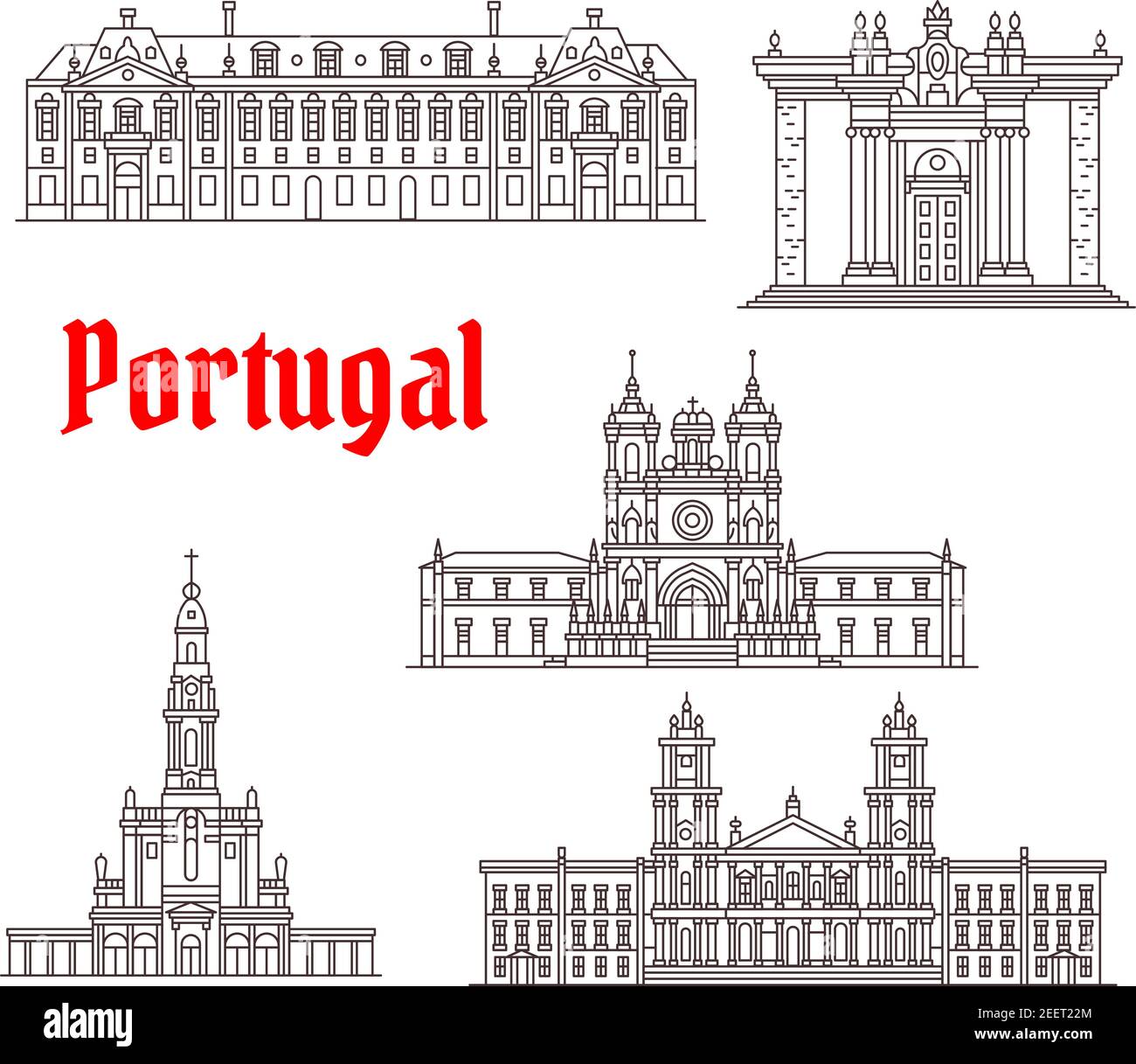 Portugal architecture and Portuguese famous landmark buildings. Vector ...