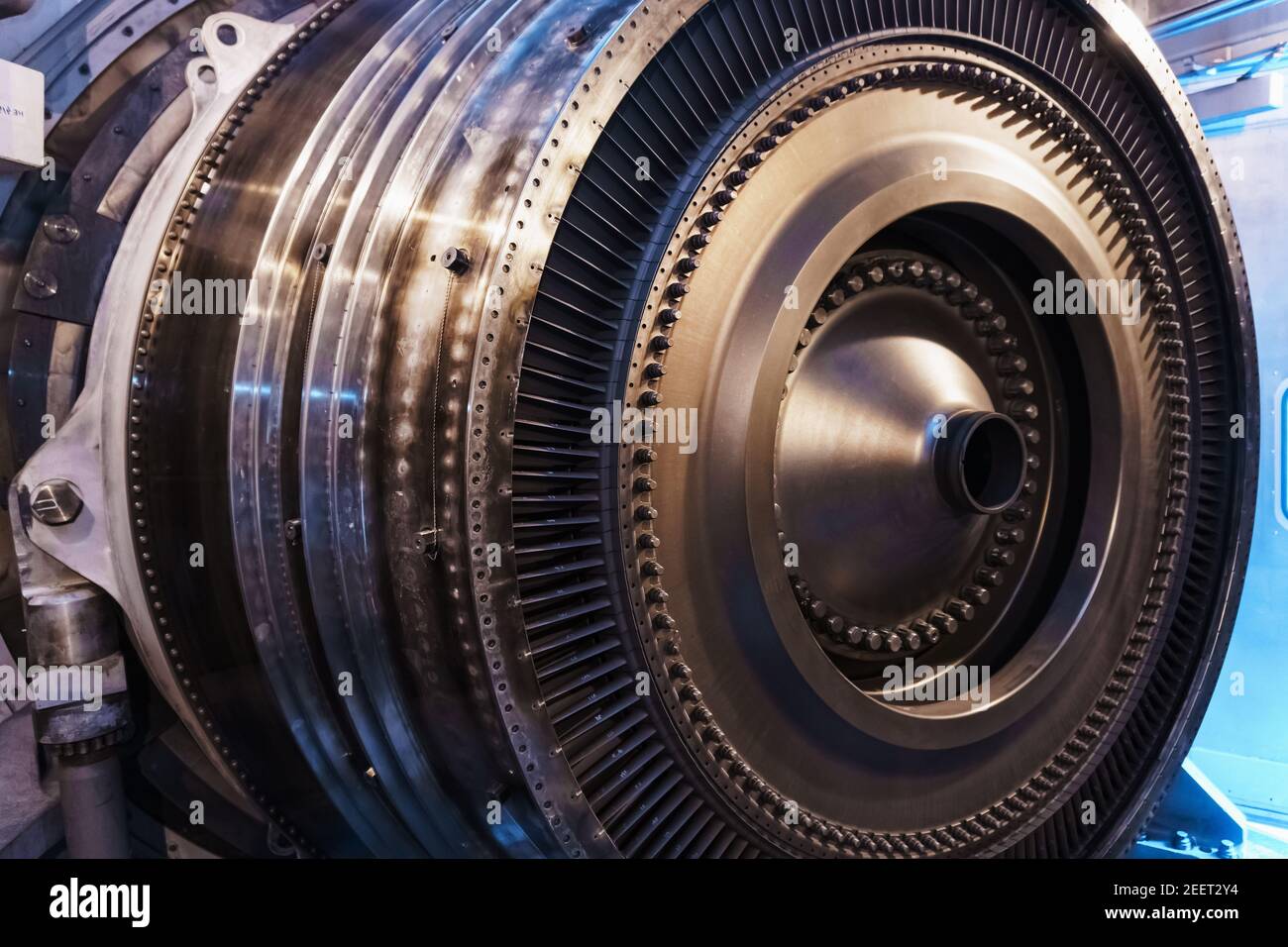 A rotor disc with blades of a turbojet gas turbine engine, inside view ...