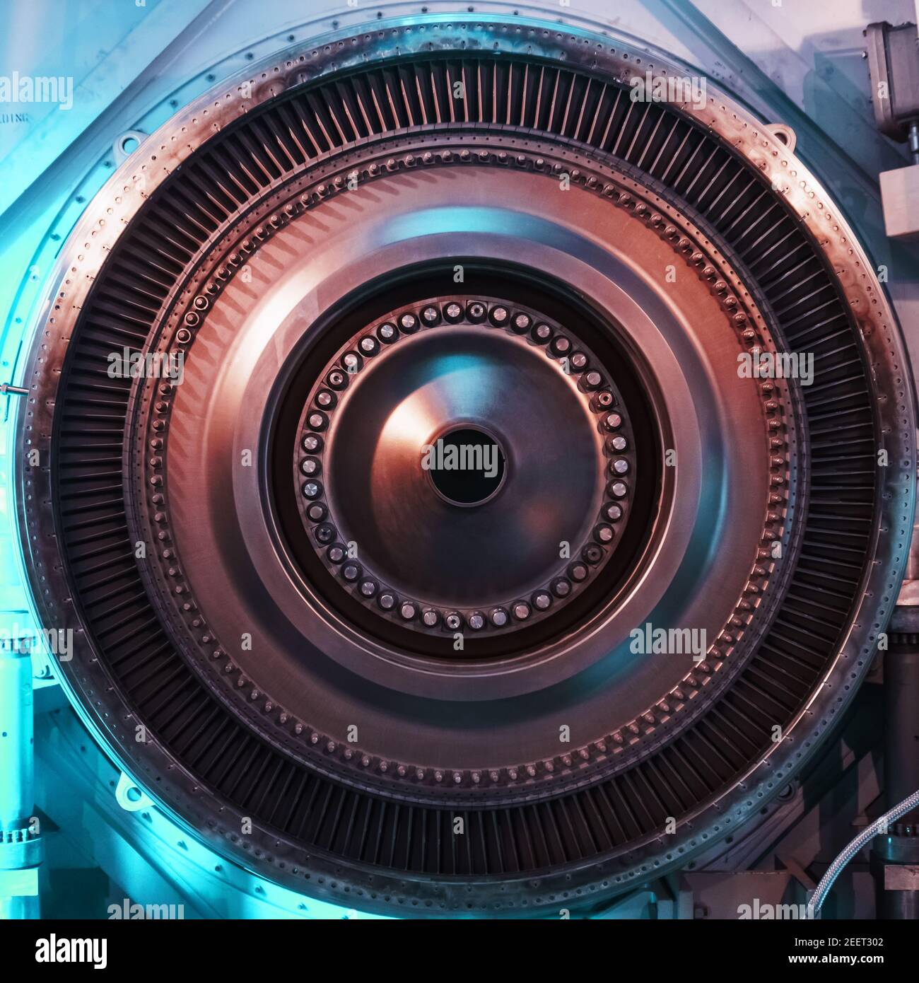 A rotor disc with blades of a turbojet gas turbine engine, inside view ...