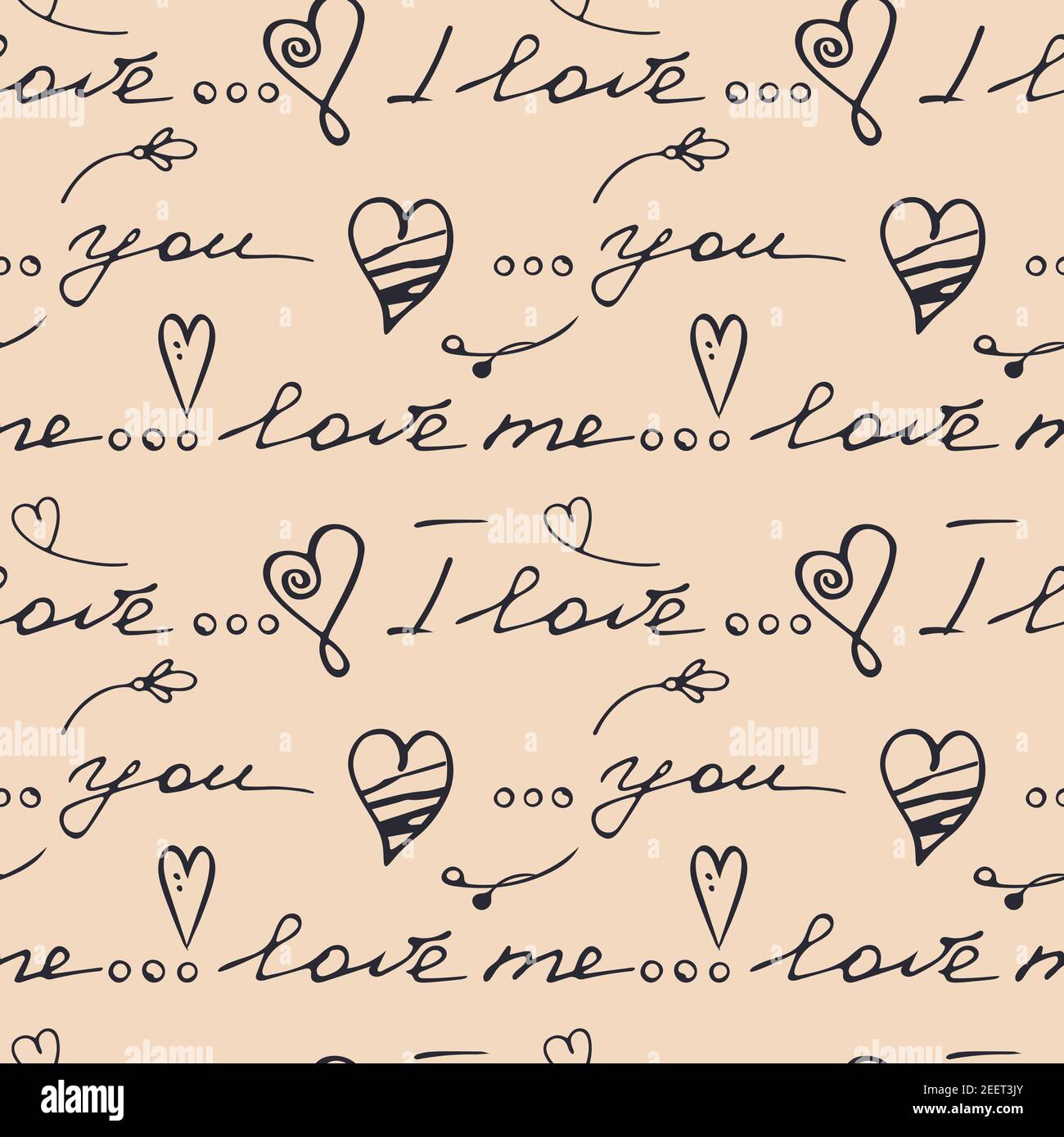 Vector, love doodle seamless pattern. Hand drawn ink calligraphy, text ...