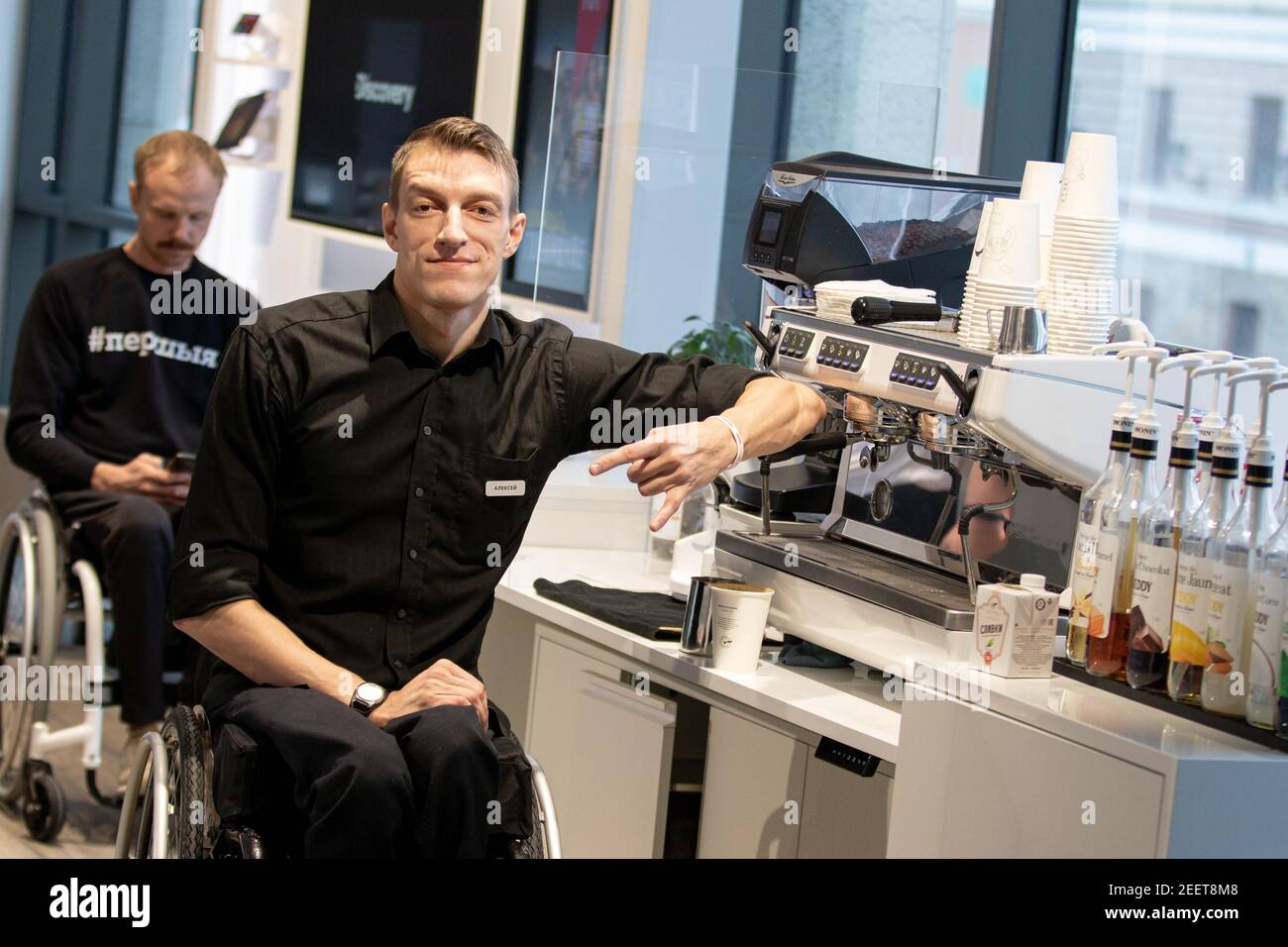 MINSK, BELARUS - January 2021: Disabled Inclusion works as a barista in ...