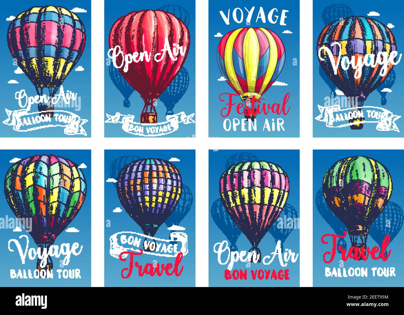 Hot air balloon tourist voyage cards or travel tour advertising posters ...