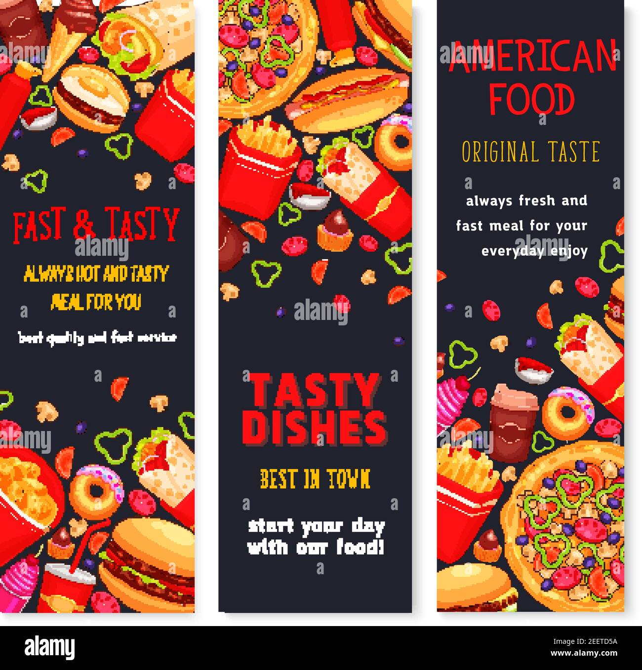 Fast food restaurant banners set of fastfood dishes cheeseburger, pizza ...