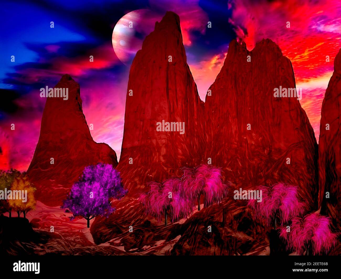Illustration of a strange world with colorful sky and the moon over red ...