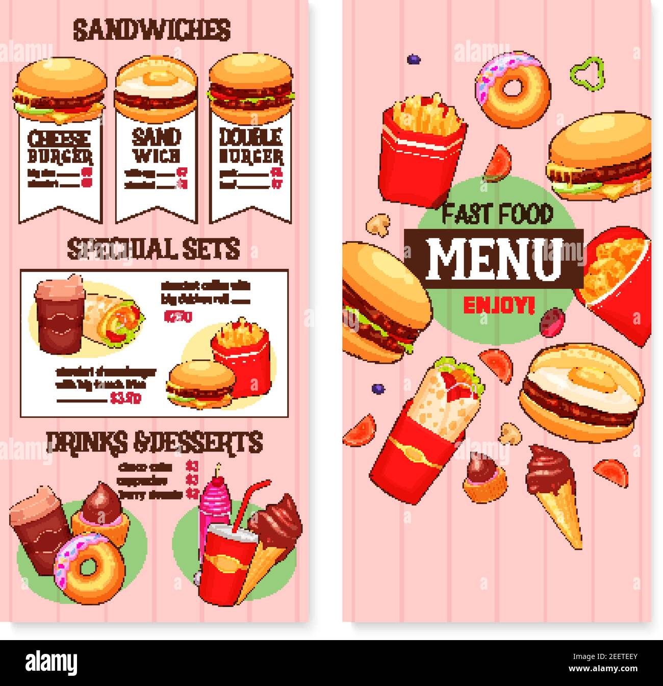 Fast food restaurant menu vector template design of meals and snacks or ...