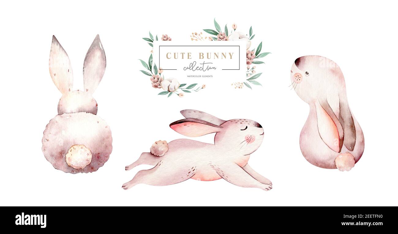 Watercolor happy easter set with baby bunnies design. Rabbit bunny kids ...