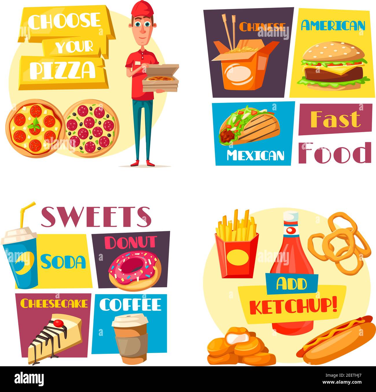 Fast food posters of pizza boy delivery, burger or sandwich and hot dog ...
