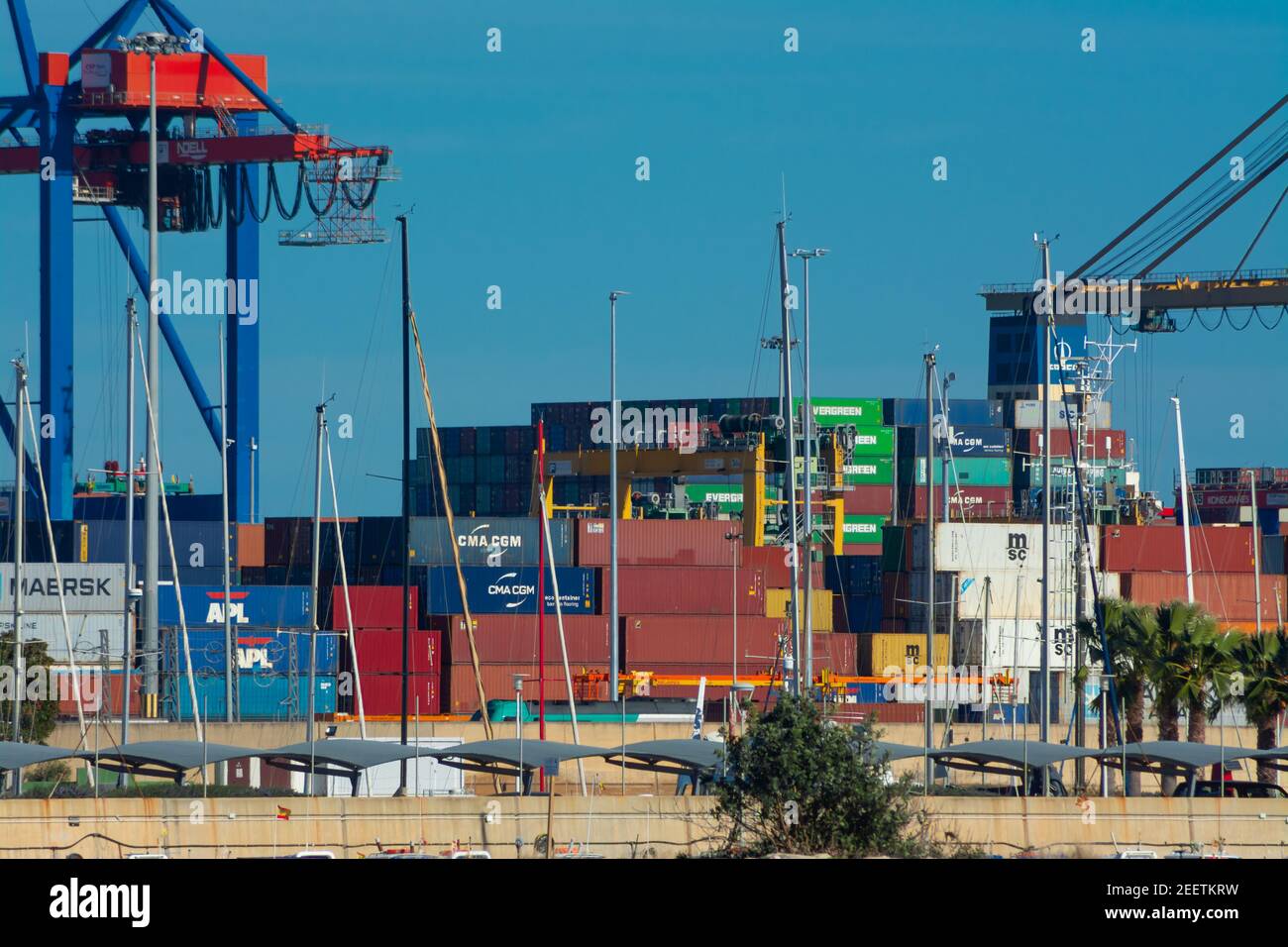Valencia, Spain, February 1, 2021: Some containers stacked next to the ...