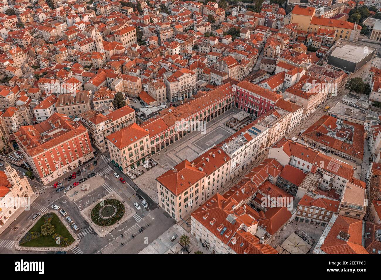 Aerial drone shot of Republic Square in Split old town in sunrise hour ...