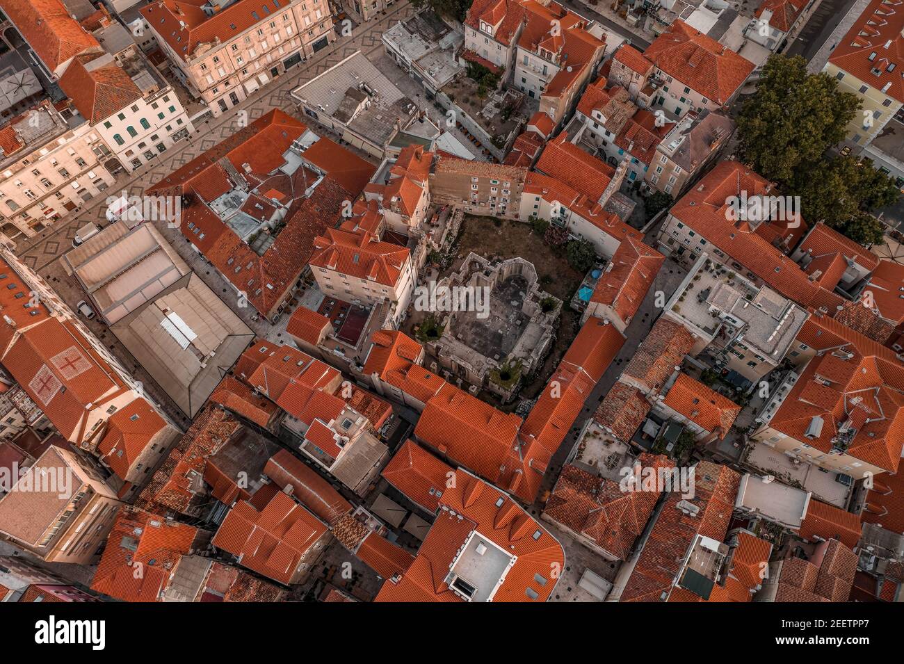 Aerial drone shot of roman ruins in Split old town in sunrise hour in ...