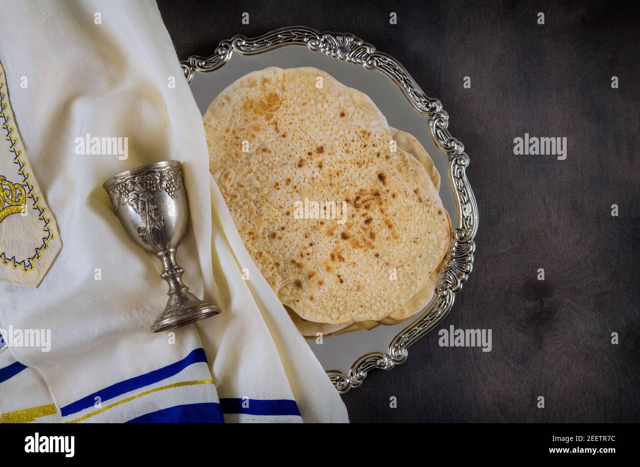 Pesach Jewish traditional celebration with cup wine kosher matzah on ...