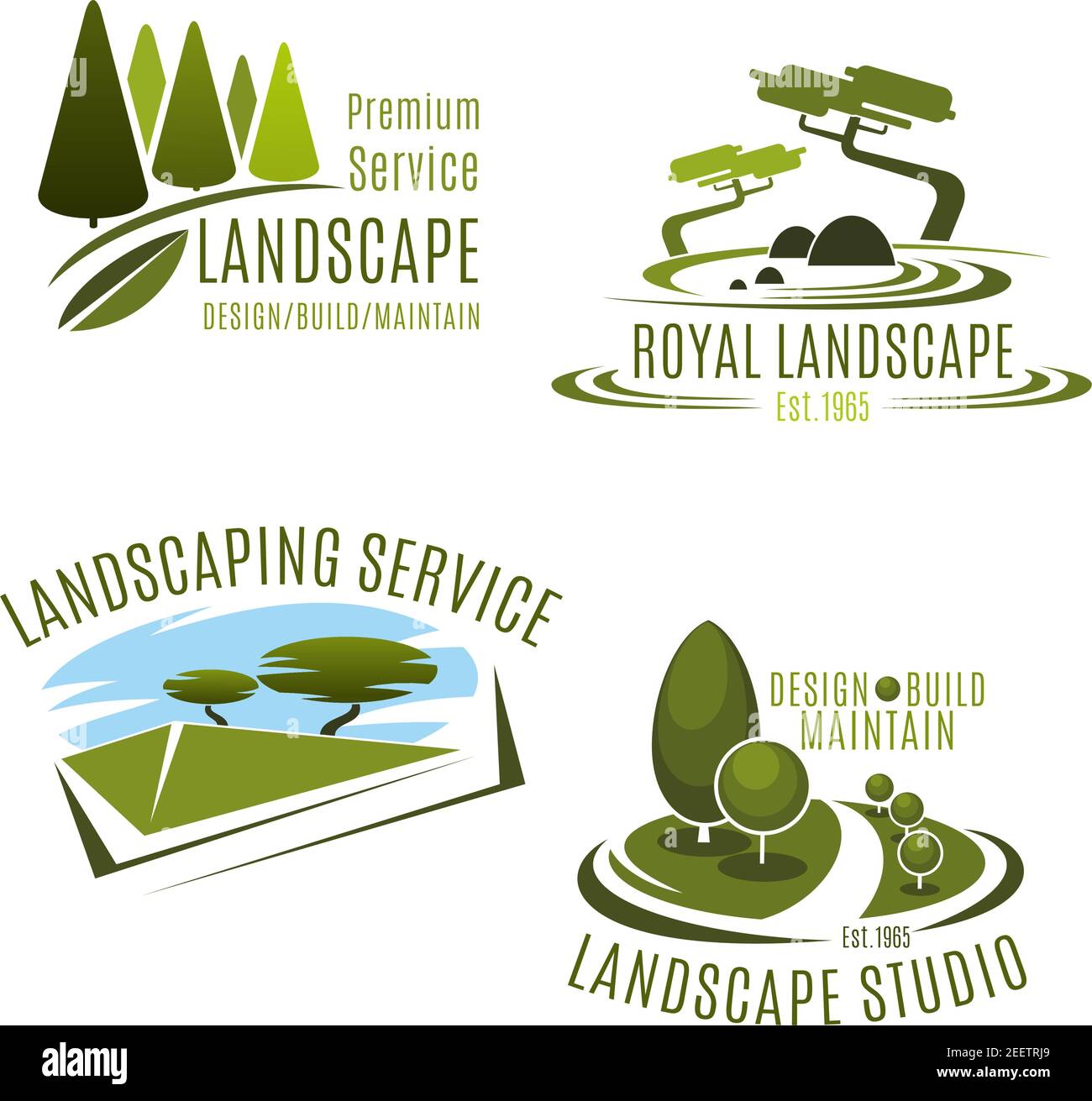 Green landscape design service and gardening company icons templates ...