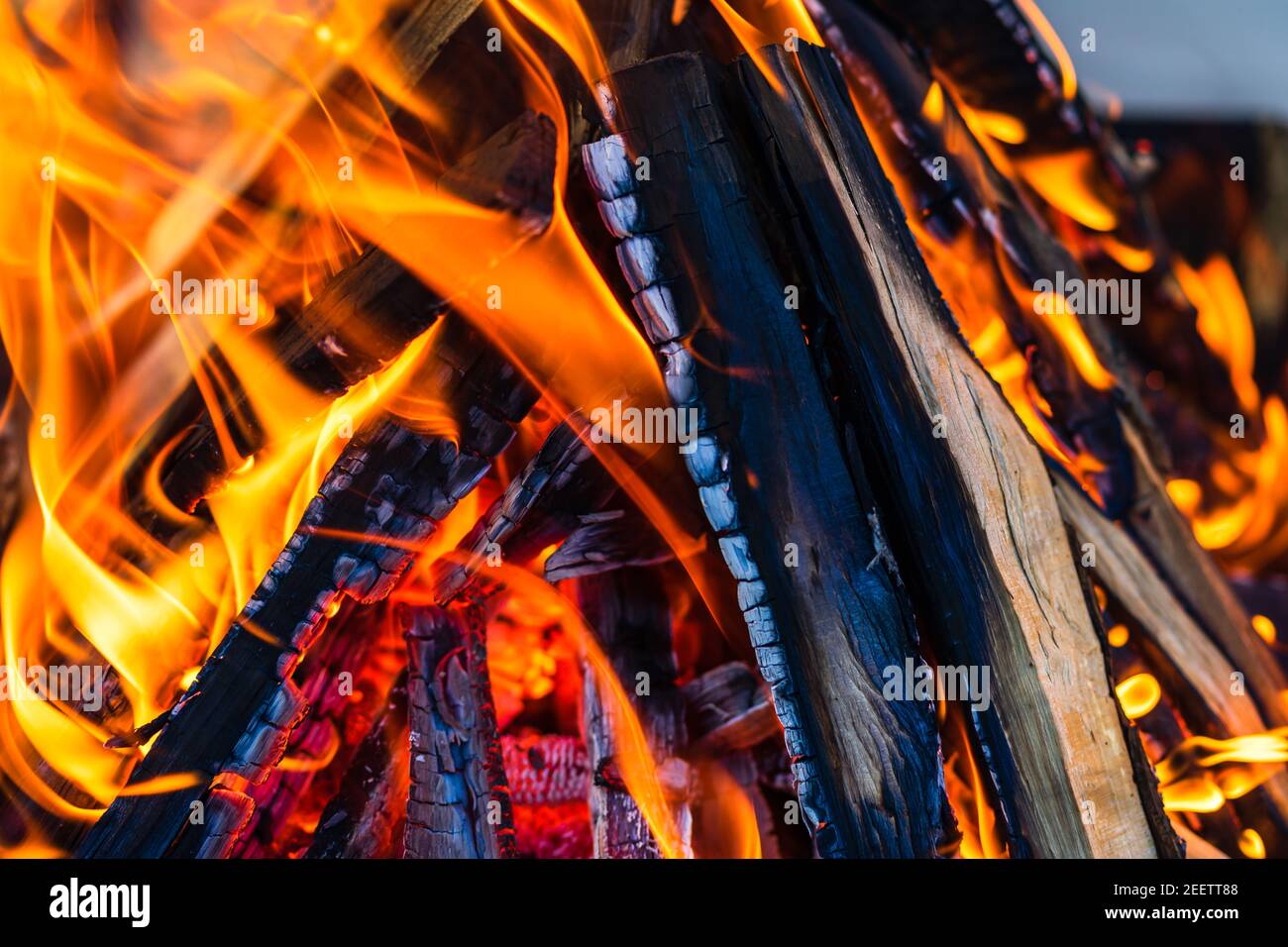 Burning wood chips to form coal. Barbecue preparation, fire before ...