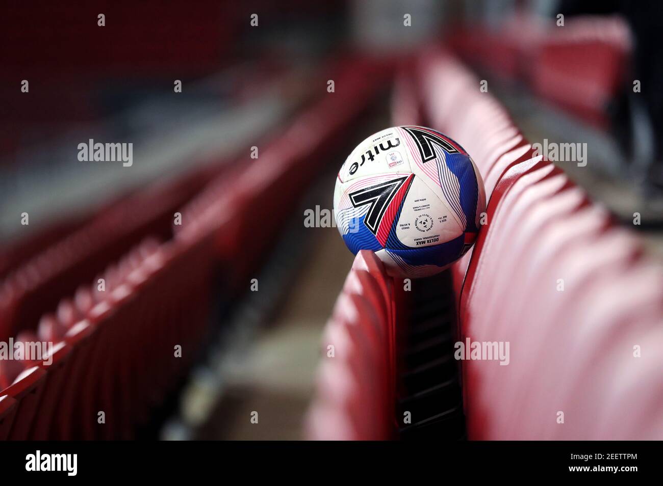 A Mitre Delta Max match ball wedged between seats in the stands during ...