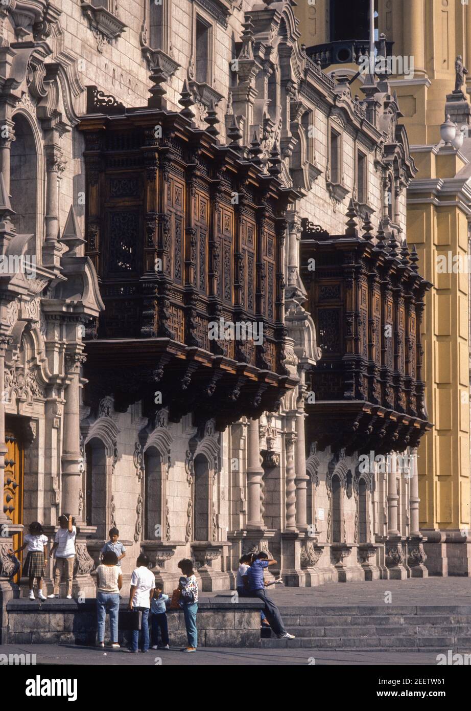 LIMA, PERU - Ornate cedar wood colonial balconies on front of the ...