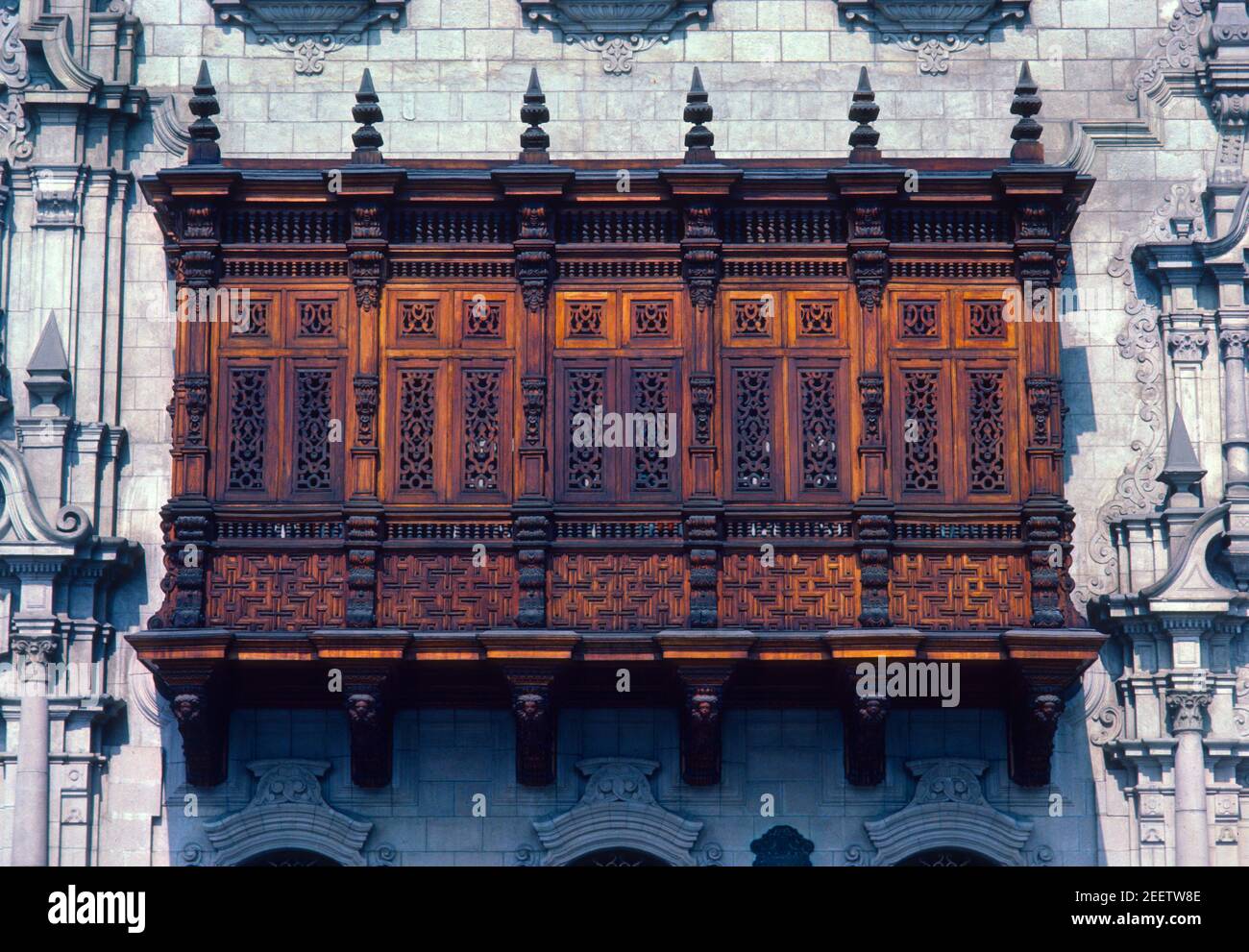 LIMA, PERU - Ornate cedar wood colonial balcony on front of the ...