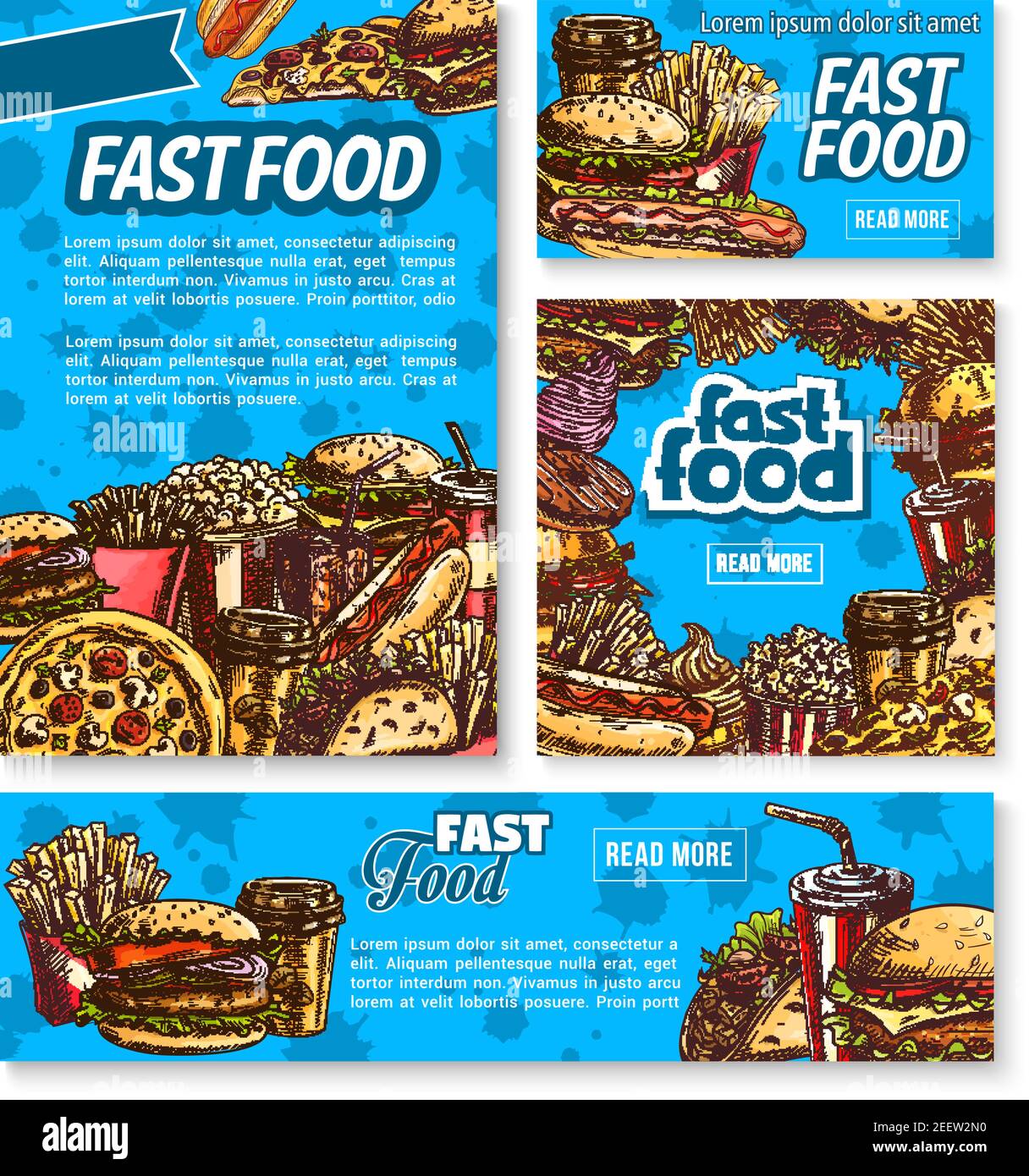 Fast food restaurant poster template set with fastfood lunch. Web ...