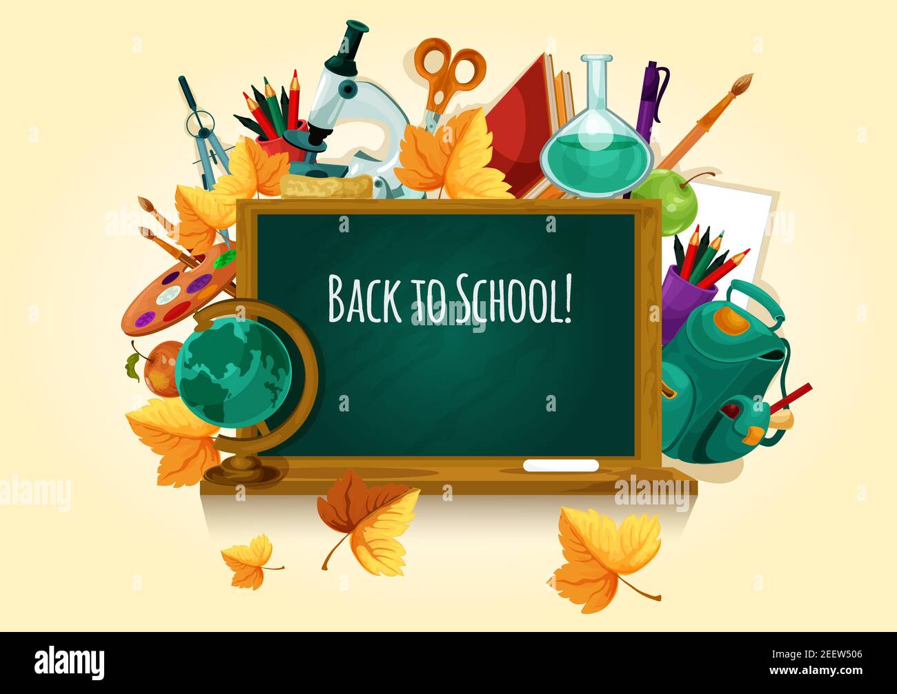 Back to school. Chalk text on blackboard. School supplies globe ...