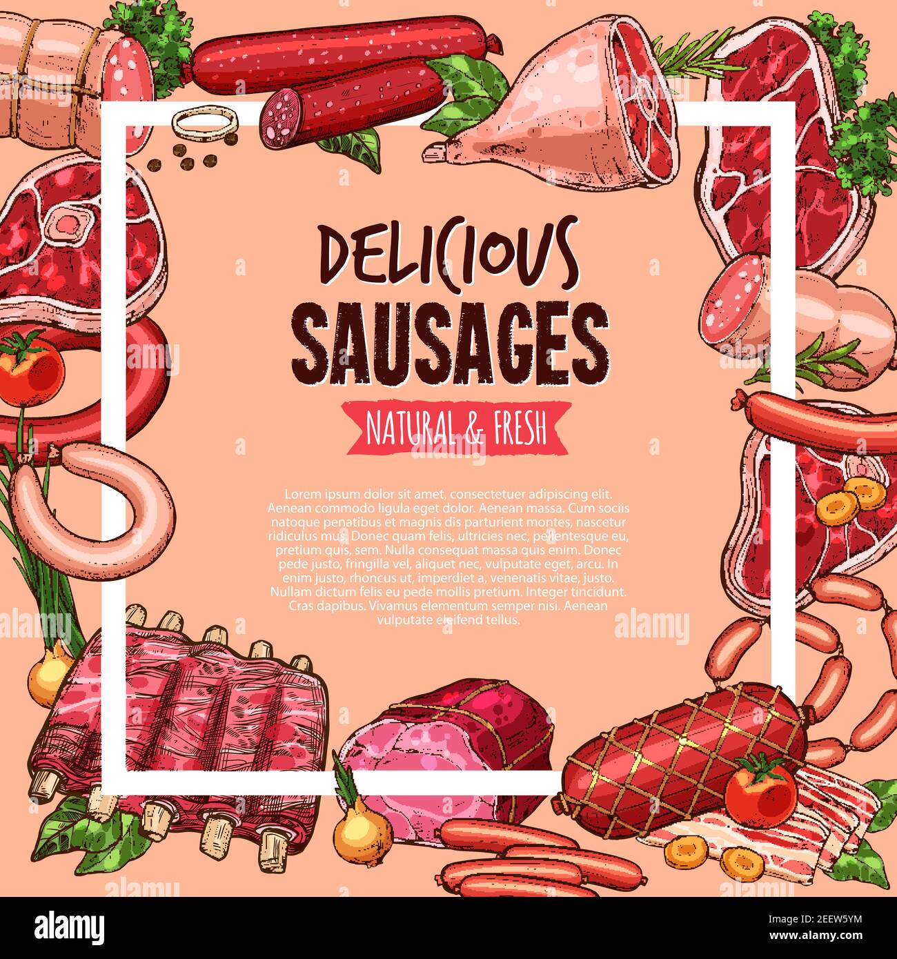 Meat, beef and pork sausage poster. Fresh beef steak, barbecue sausage ...
