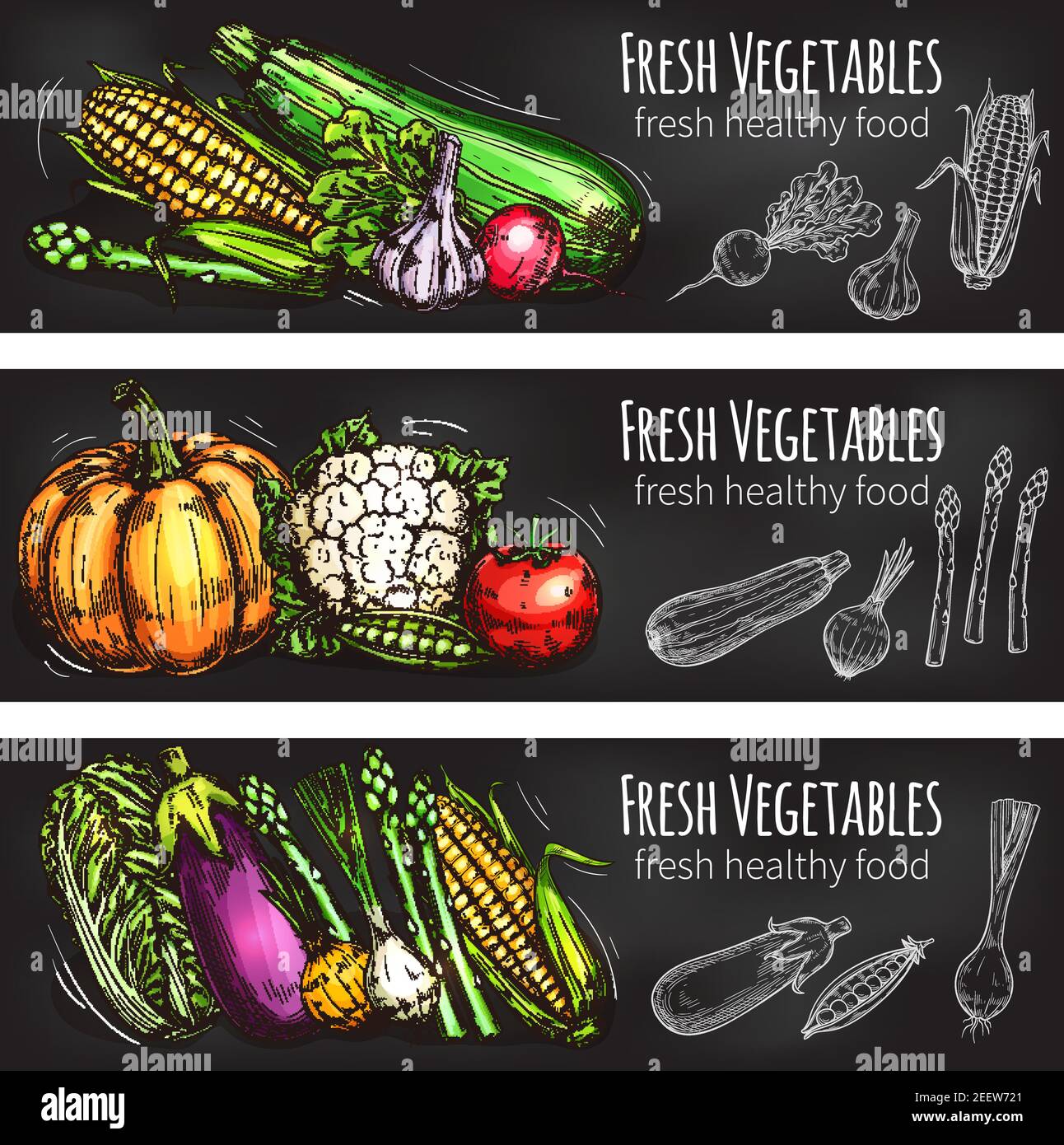 Vegetable and bean fresh food chalkboard banner set. Veggies chalk ...