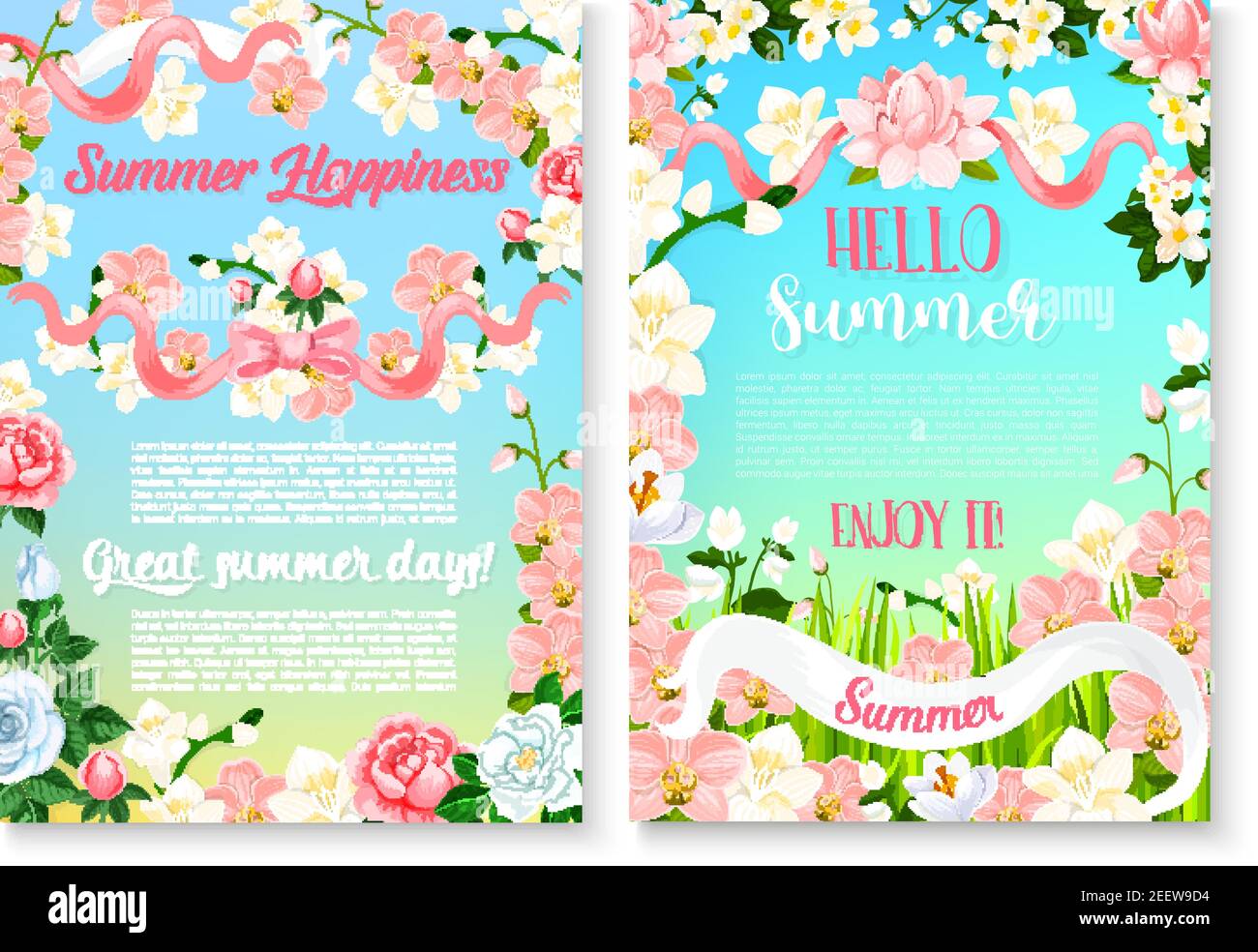 Summer holiday celebration poster set. Floral greeting banner with ...