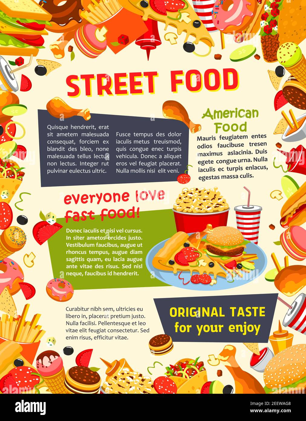 Fast food poster with burger sandwich, drink and dessert. Hamburger ...