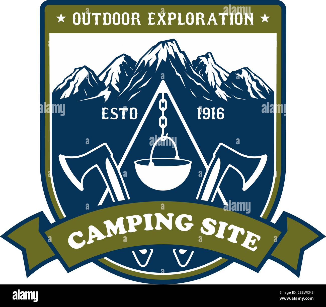 Camping and outdoor adventure icon. Mountain or forest campsite badge ...
