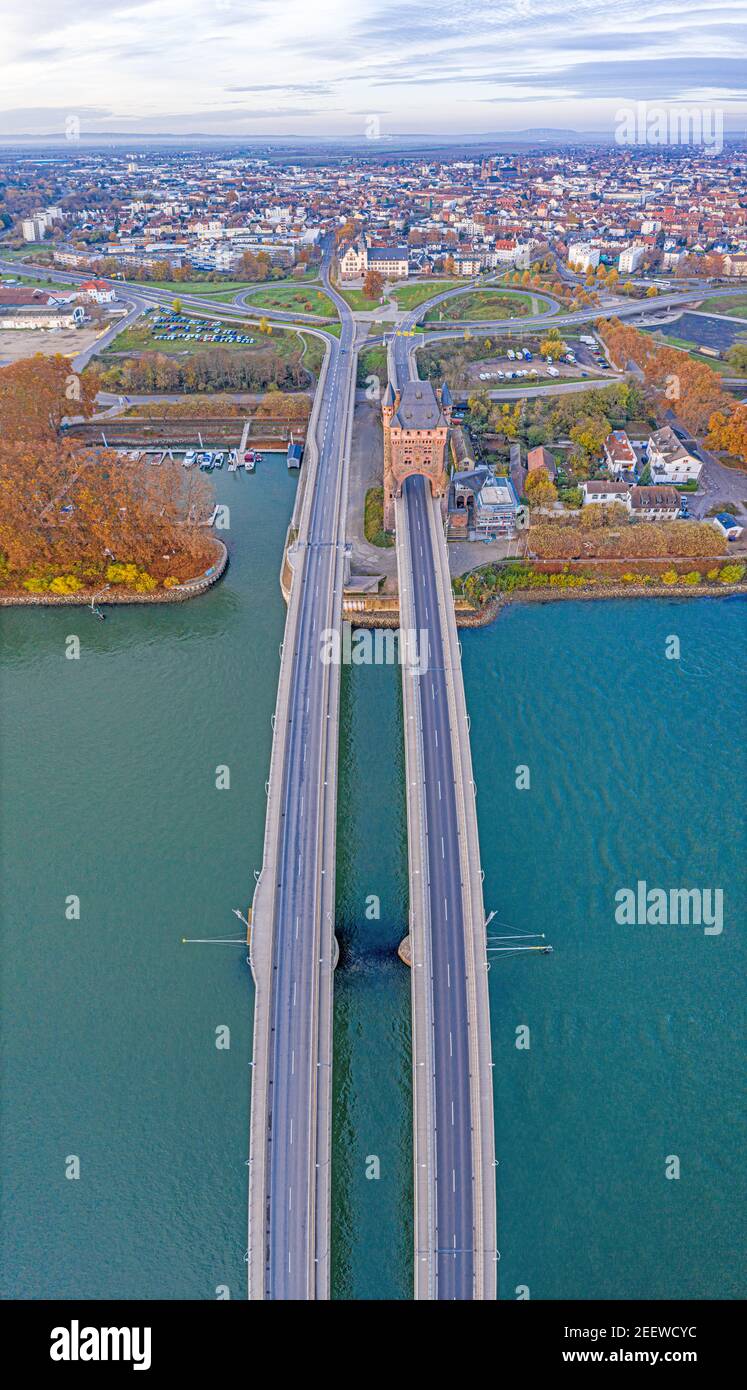 Aerial view of the Nibelungen Bridge in Worms with a view of the city ...