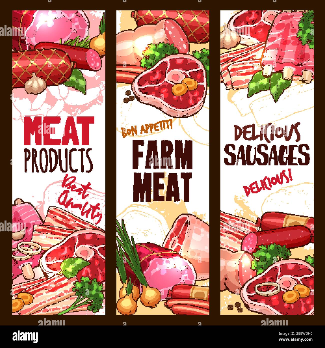 Meat or butcher shop farm products sketch banners. Vector design of ...