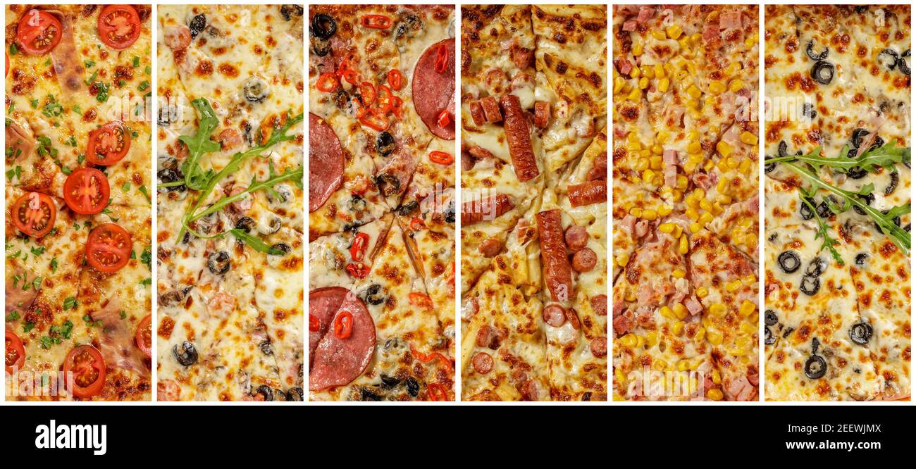 Close-up of different types of pizza. Fresh baked italian pizza with ...