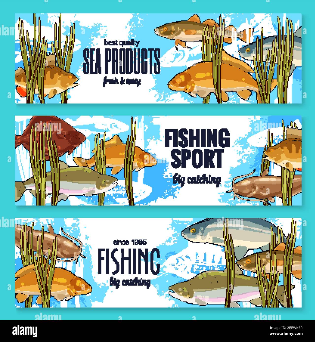 Fish banners sketch design templates fro fishing store of fisherman ...