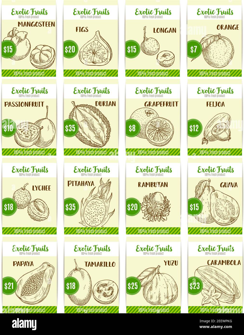 Exotic fruits price cards or farm shop or market sore posters templates ...