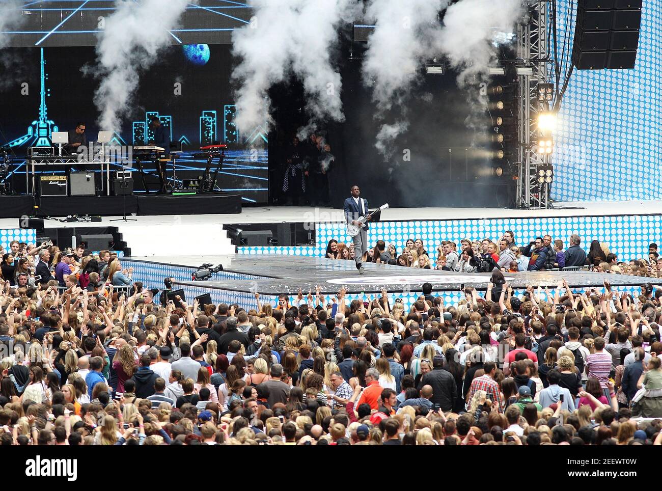 London, UK. 9th June 2013. Labrinth performs on stage, wide view and ...