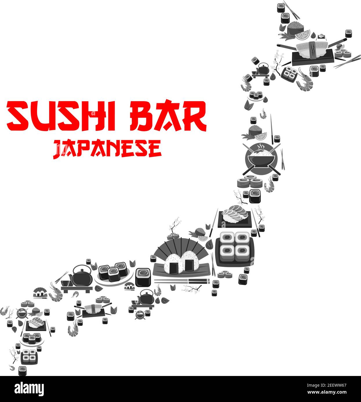 Sushi bar Japanese restaurant or Asian seafood cuisine poster in Japan ...