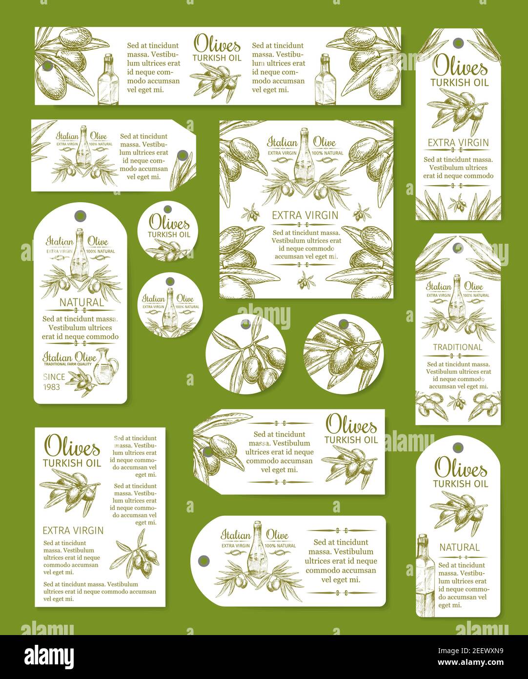 Olive oil tag of italian and turkish olive product. Olive fruit branch ...
