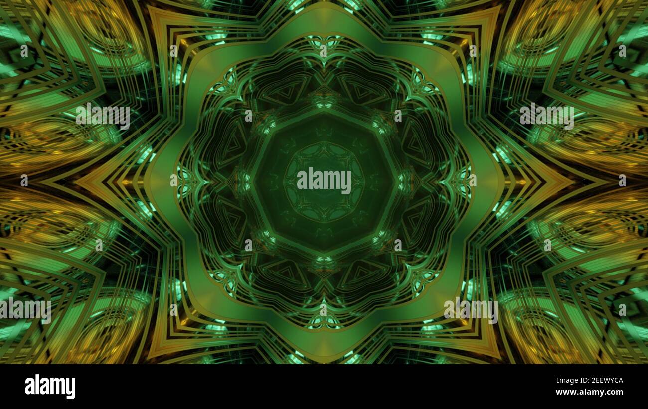 3D renderings of futuristic cool kaleidoscopic visuals in vibrant green ...