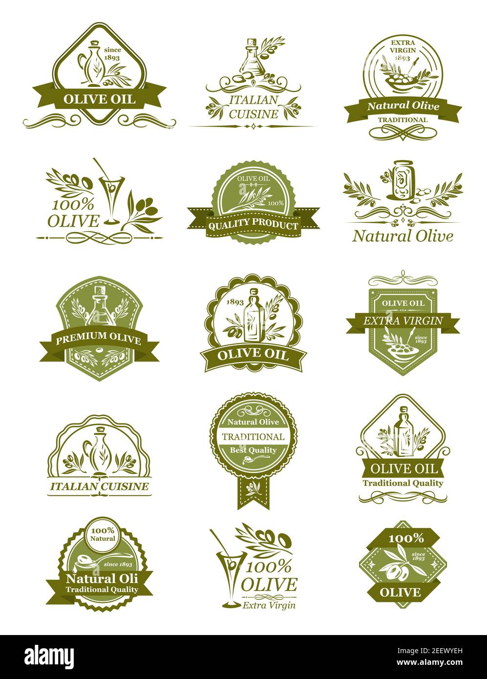 Olive oil icons of green and black olives for extra virgin product ...